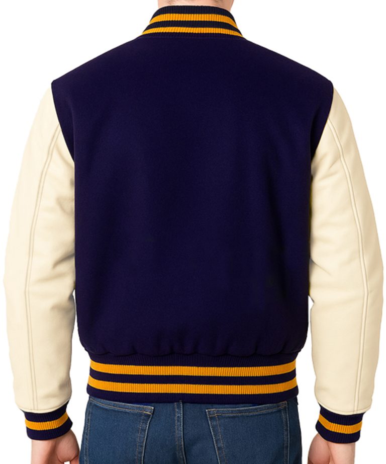 Stylish Blue and Beige Wool Letterman Jacket for Unisex